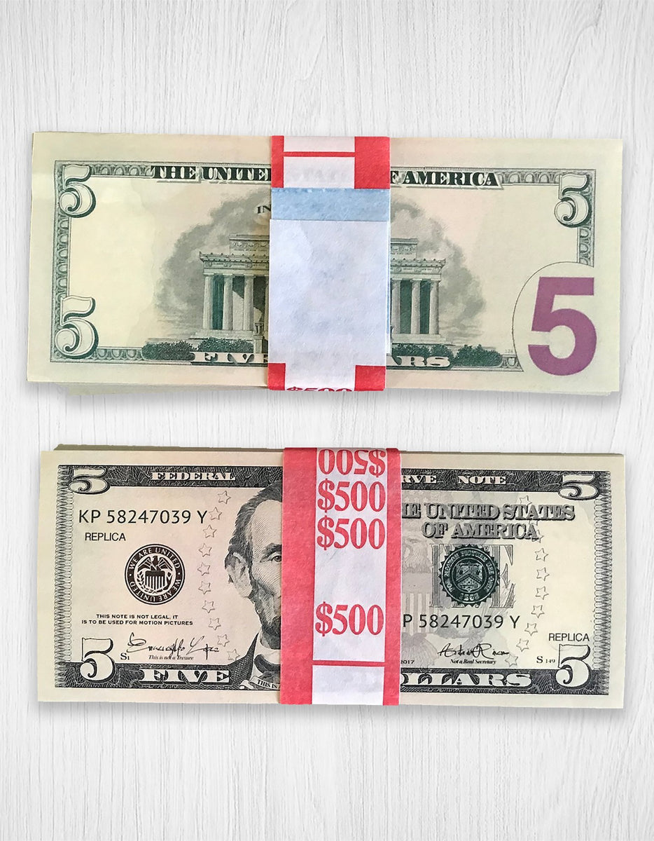 $500 Prop Money - 1 Stack of $5 Bills (New Style) - BuzzProps